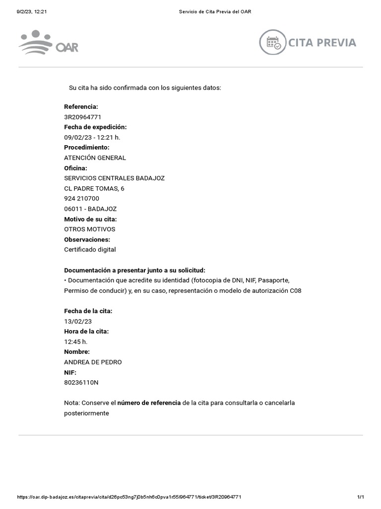 Servicio de Cita Previa Del OAR | PDF