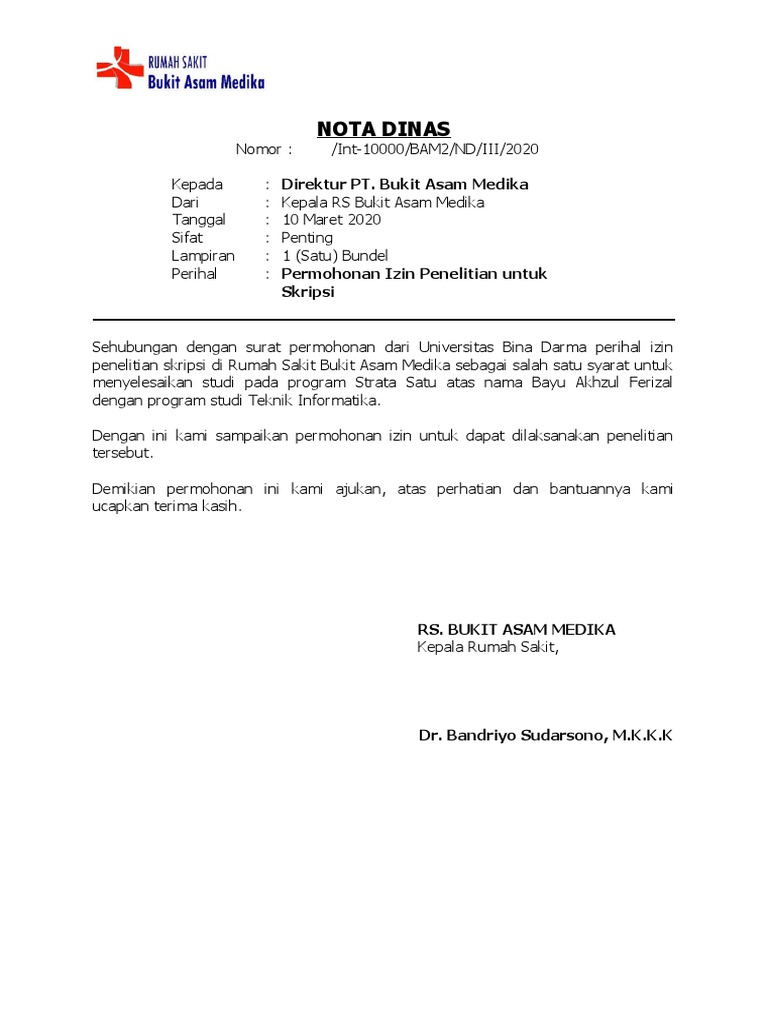 Nota Dinas Untuk PT Bam Utk Izin Prinsip Penelitian | PDF