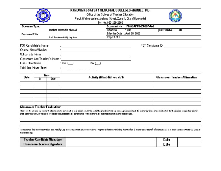 24 Form A Practicum Activity Log Form | PDF | Classroom | Education Theory