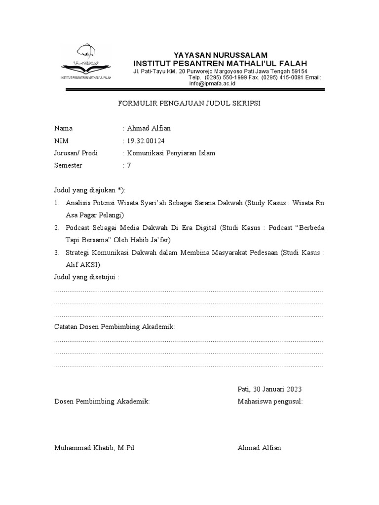 Formulir-PENGAJUAN-JUDUL-SKRIPSI Ahmad Alfian | PDF