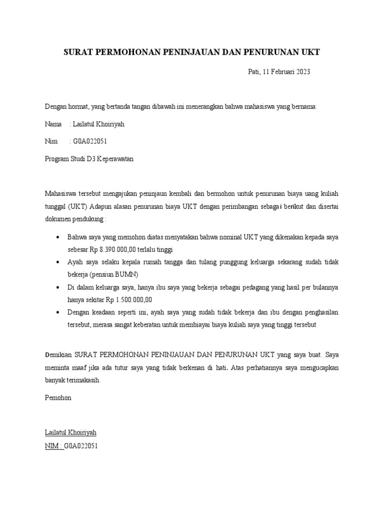 051 - Lailatul Khoiriyah (Surat Permohonan Penurunan UKT) | PDF | Pengelolaan Keuangan & Uang