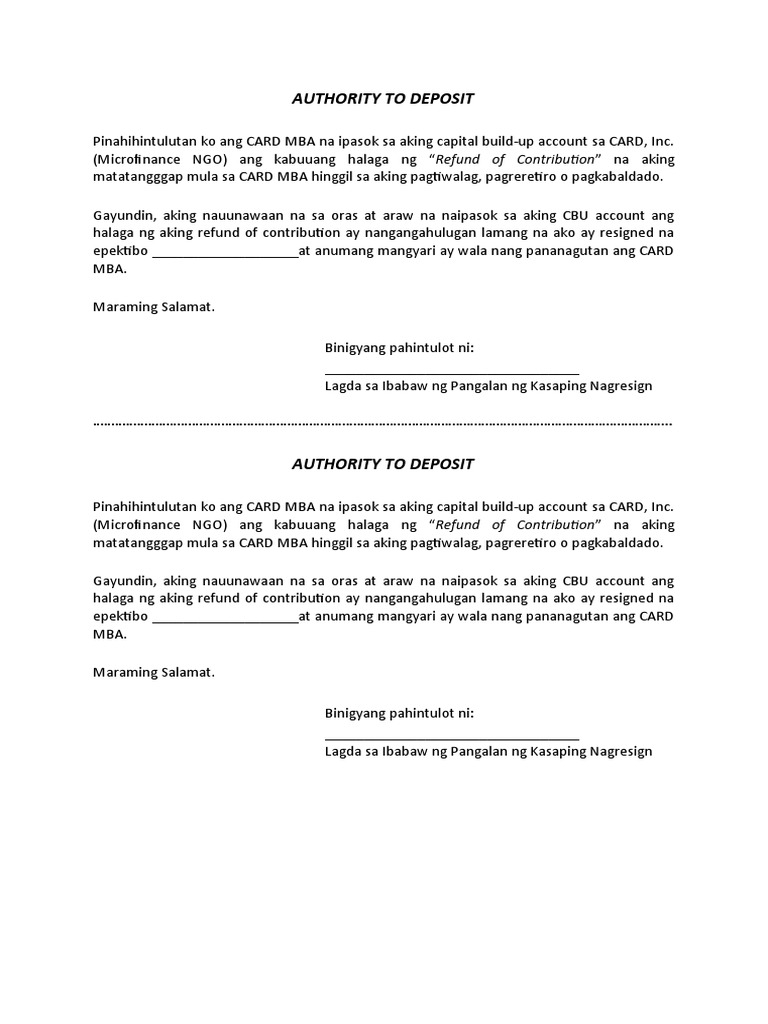 Authority To Deposit | PDF