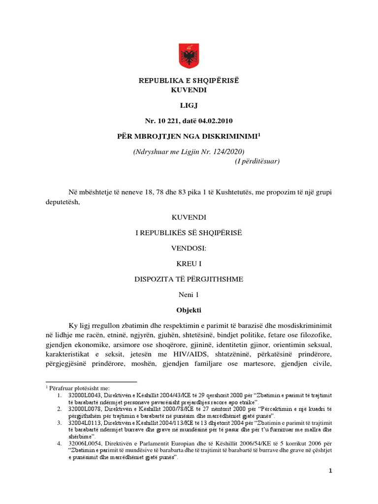 Ligj Per Mbrojtjen Nga Diskriminimi - 2010 - I Ndryshuar | PDF