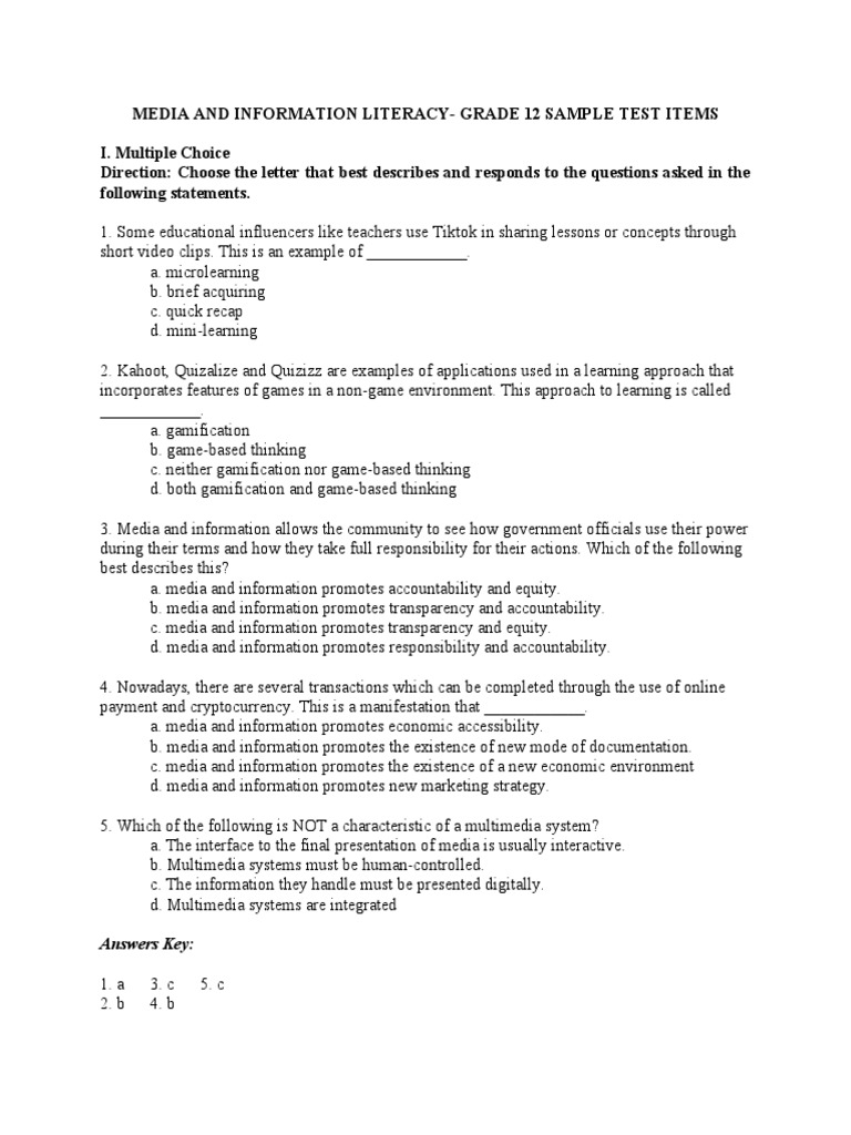 Grade 12 Media Literacy Test Items | PDF | Business