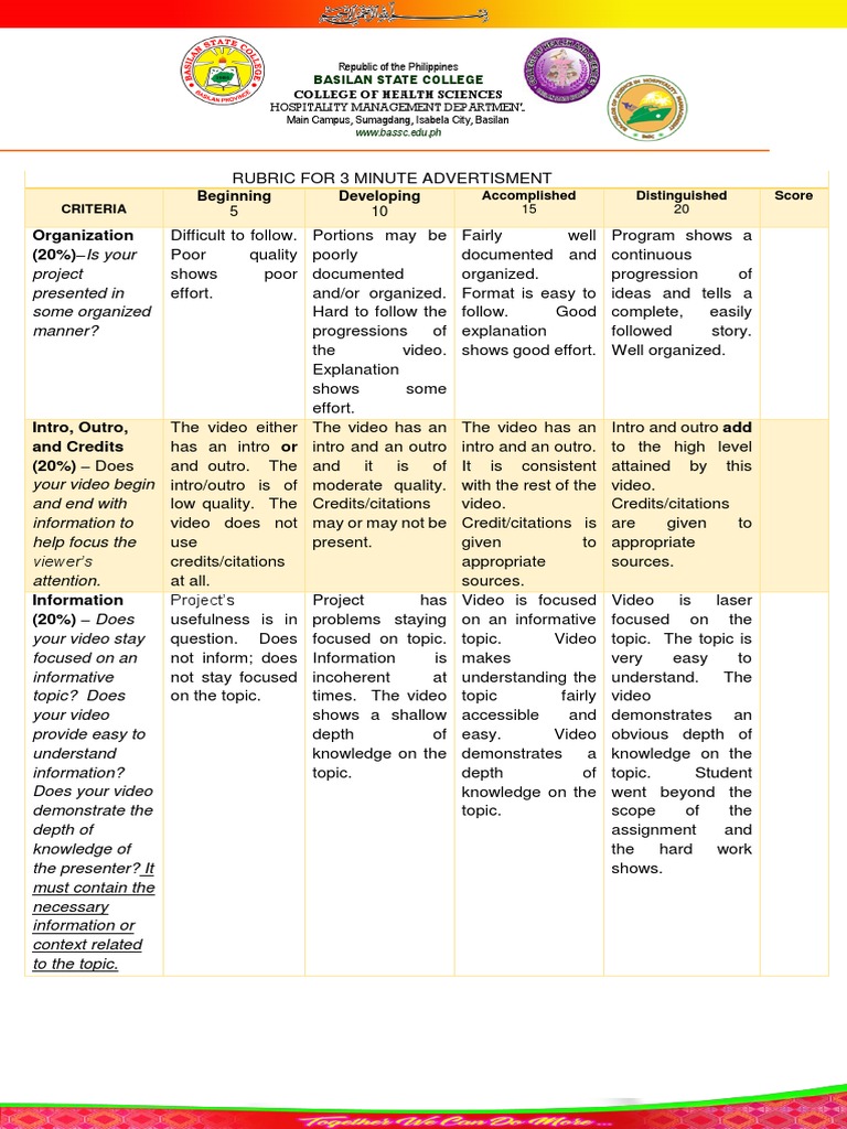 Rubric For 2 Minute Promotional Video | PDF | Video