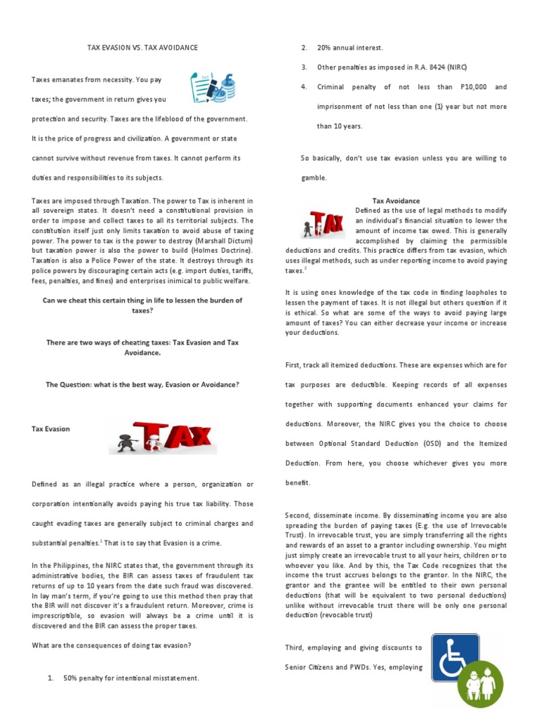 Tax Evasion Vs Tax Avoidance | PDF | Taxes | Tax Evasion