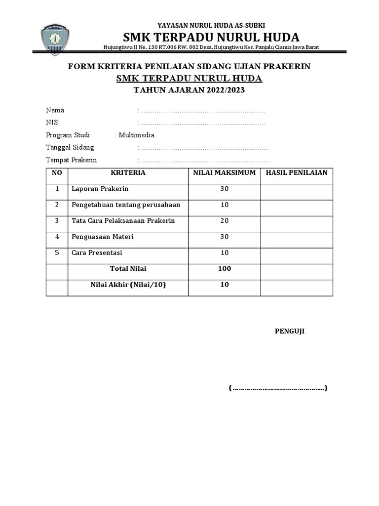 Format Nilai Sidang PKL | PDF