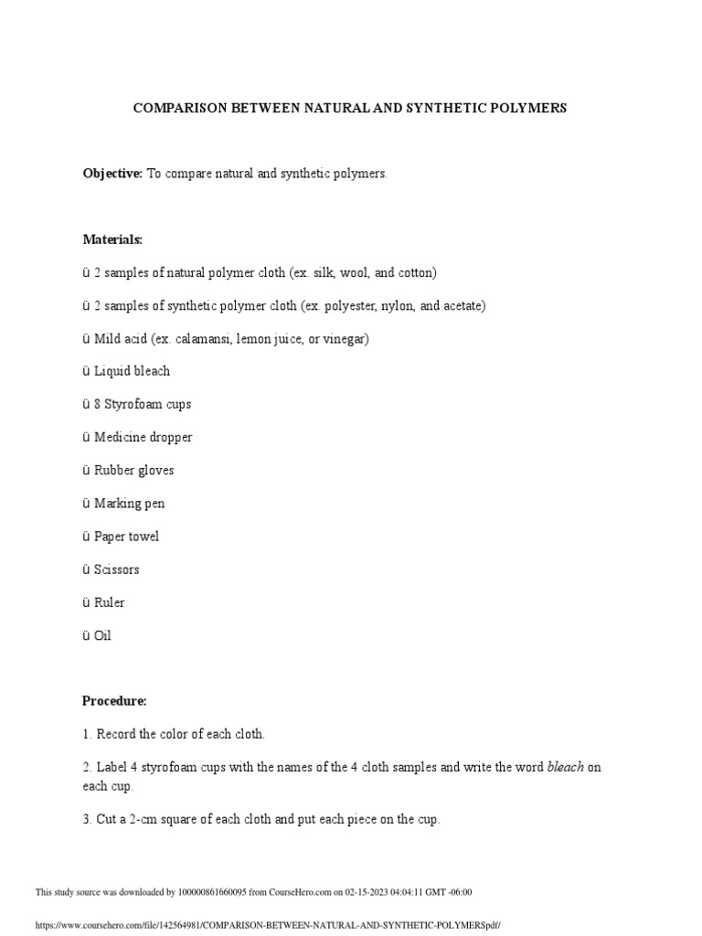 Comparison Between Natural and Synthetic Polymers PDF | PDF | Textiles ...