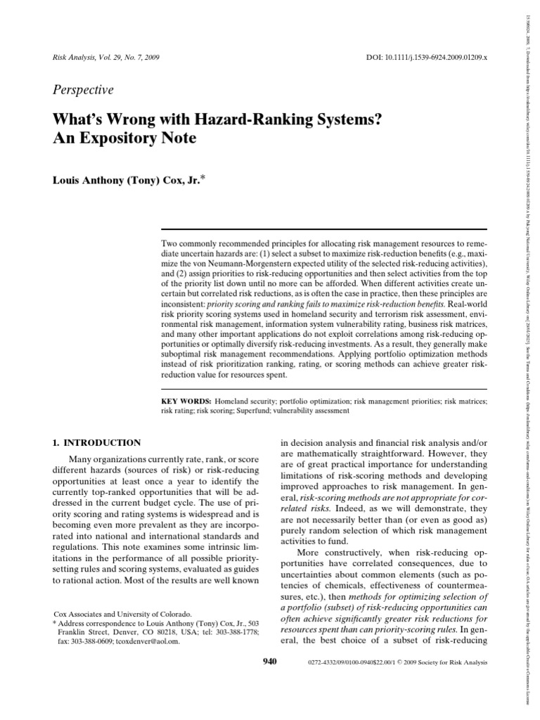 Risk Analysis - 2009 - Cox JR - What S Wrong With Hazard Ranking ...