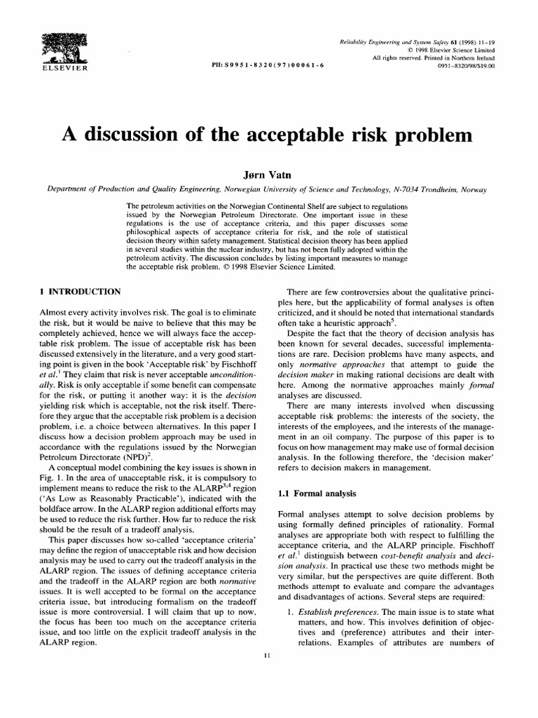 A Discussion of The Acceptable Risk Problem | PDF | Risk | Utility