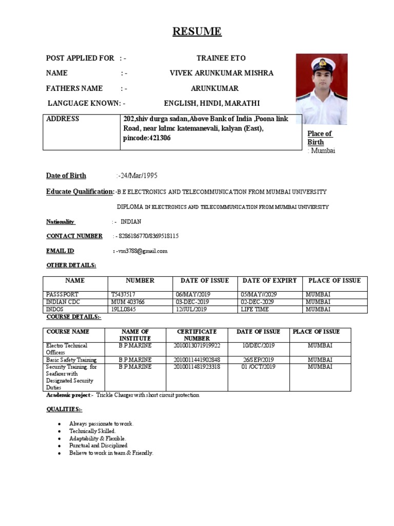 Resume for Trainee ETO Position | PDF
