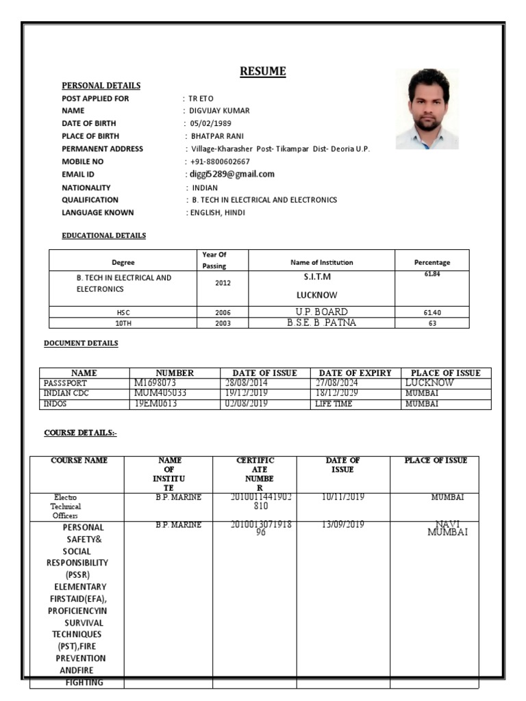 Merchant Navy Resume of Digvijay Kumar | PDF | Ships | Freight Transport