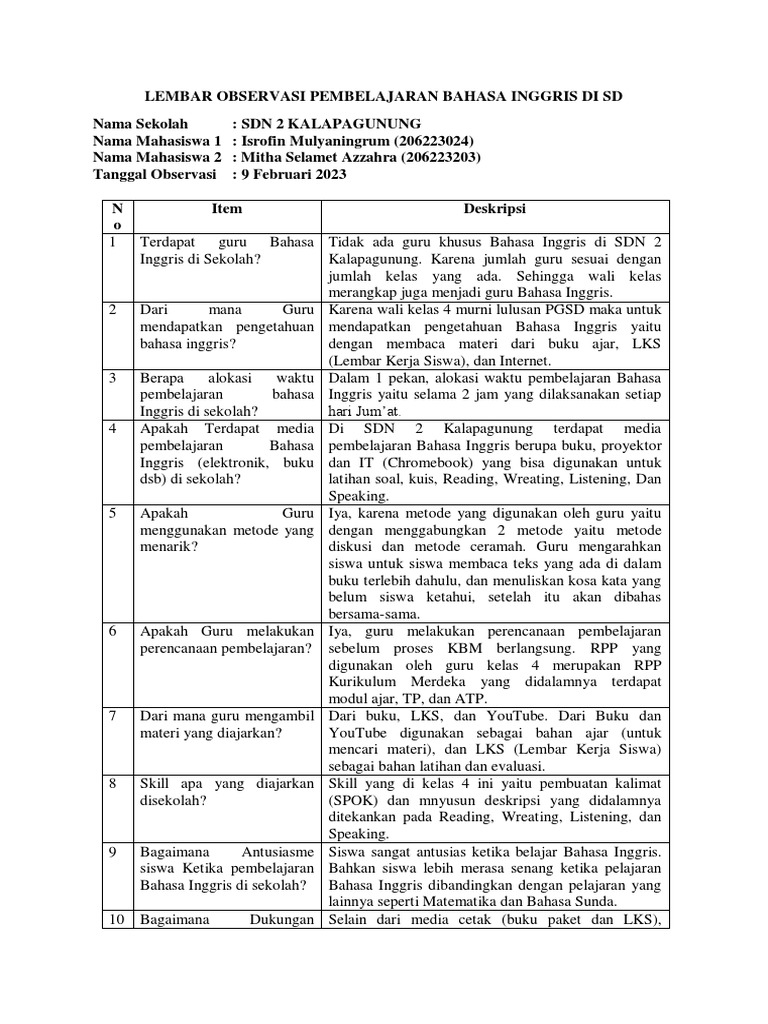Observasi Pembelajaran Bahasa Inggris SD | PDF | Seni & Disiplin Bahasa ...