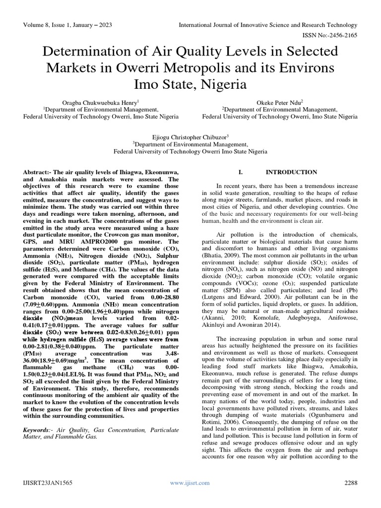 Determination of Air Quality Levels in Selected Markets in Owerri Metropolis and Its Environs ...