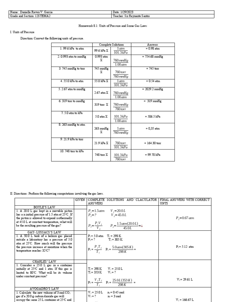 Homework 8 1 Units Of Pressure And Some Gas Laws Pdf