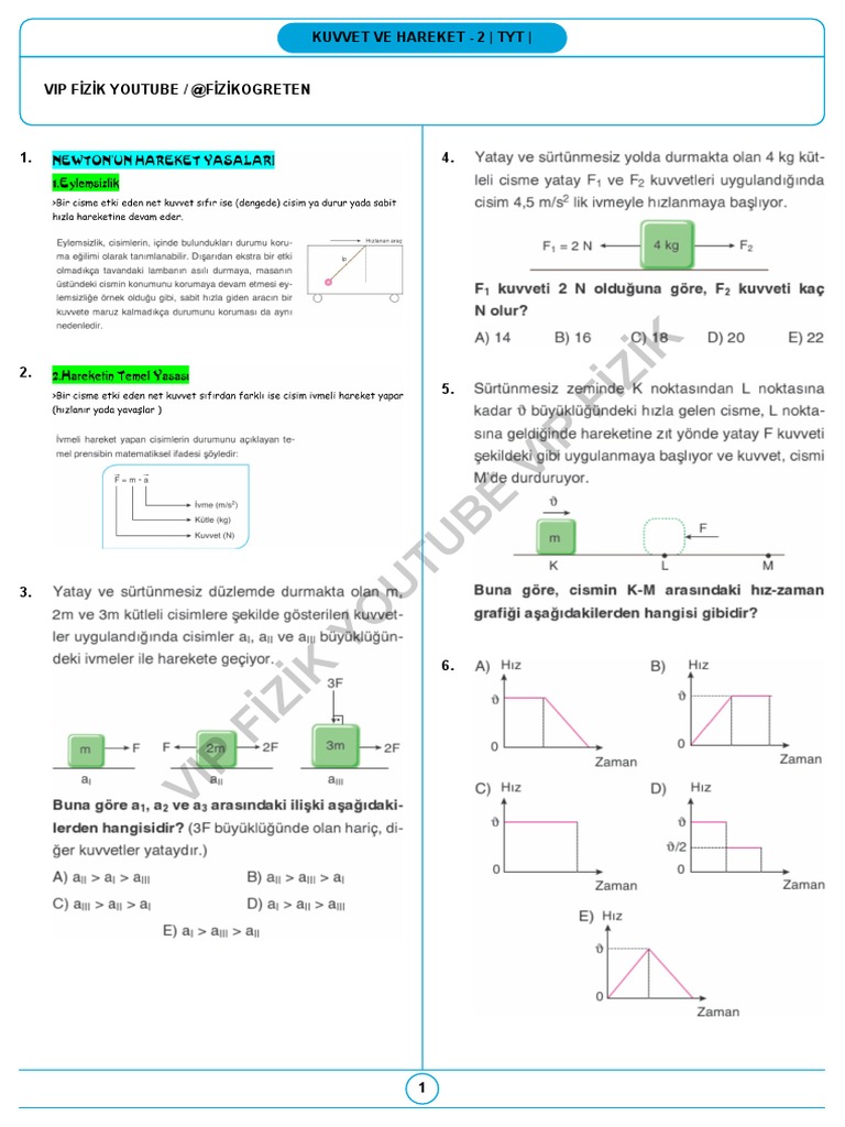 Kuvvet Ve Hareket - 2 TYT Fizik Çek-AP #4 | PDF