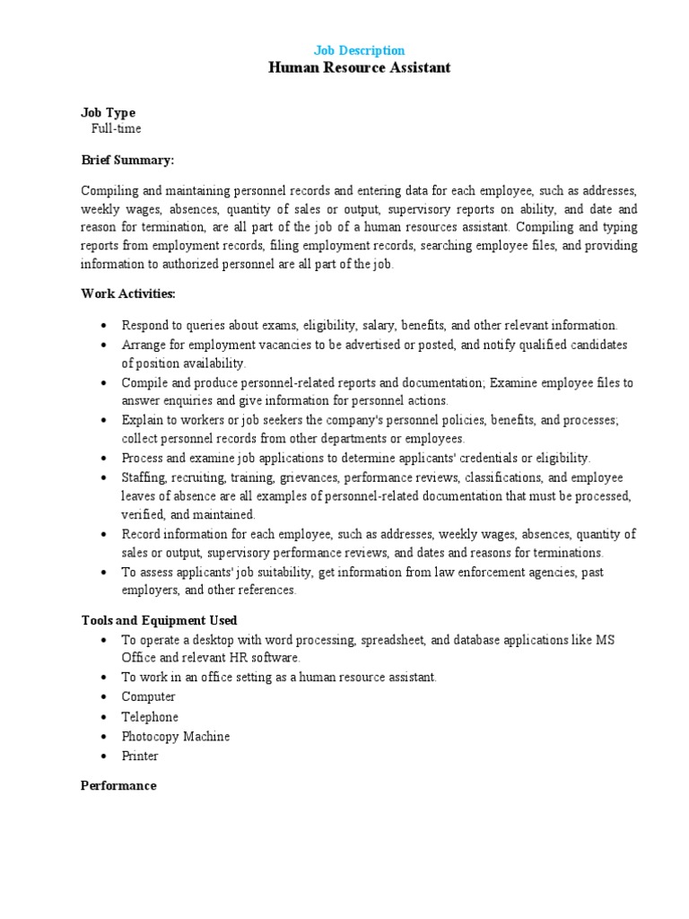 HR Assistant Job Description Philippines | PDF | Employment | Human ...