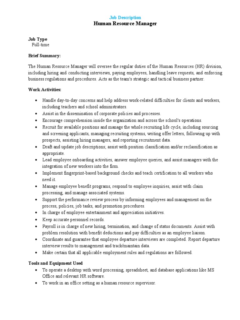 Human Resource Manager Job Description | PDF | Human Resource ...