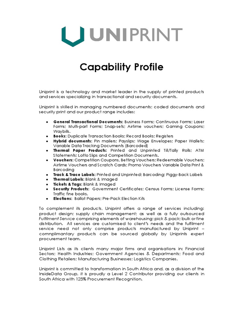 Uniprint Capability Profile | PDF | Iso 9000 | Business