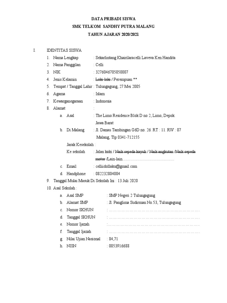 Form Biodata Siswa 2020-2021 | PDF