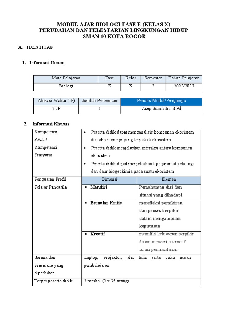 Modul Ajar Biologi Kelas 10 Fase E | PDF