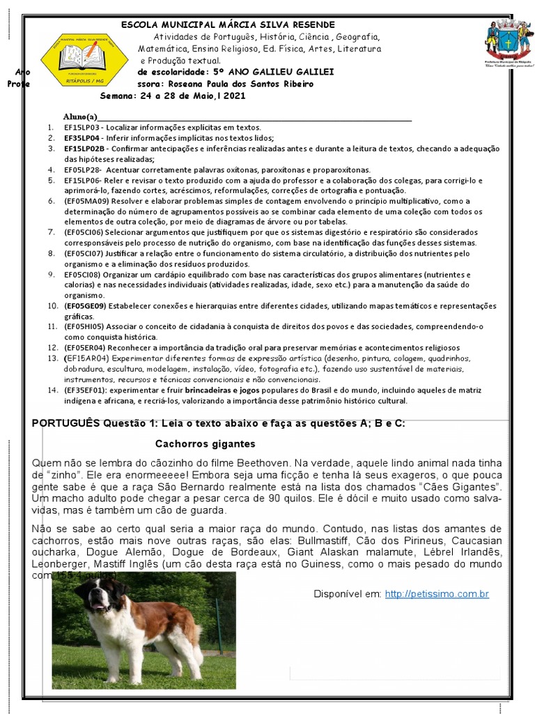 5º Ano Atividade Complementar 2021 Semana 24 A 28 de Maio | PDF | Cães | Asno