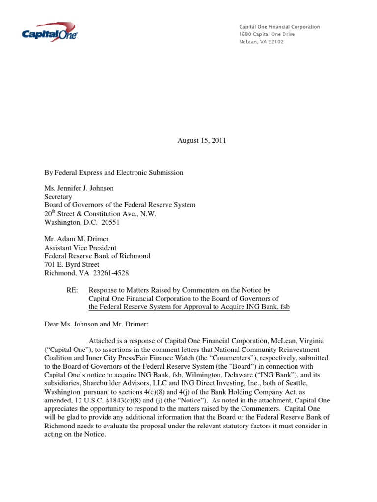Capital One's Letter To The Federal Reserve | Federal Housing ...