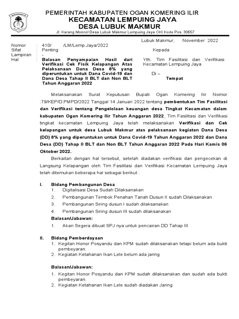 4 Surat Balasan Temuan Tim Verifikasi THP 2 | PDF