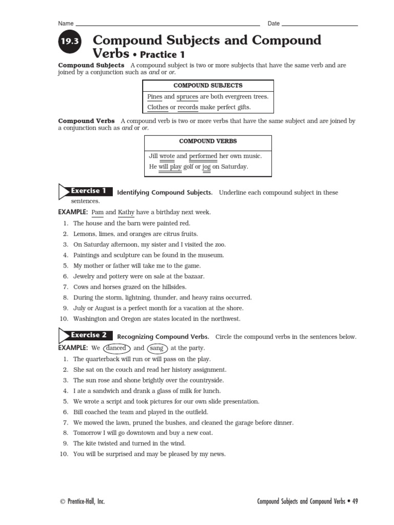 Compound Subjects and Verbs Practice | PDF