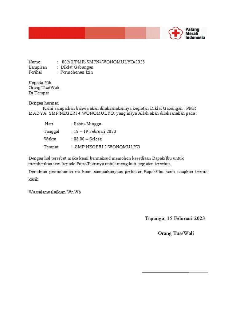 Permohonan Izin Peserta Didik untuk Kegiatan Diklat Gabungan PMR SMP Negeri 4 Wonmuluyo | PDF