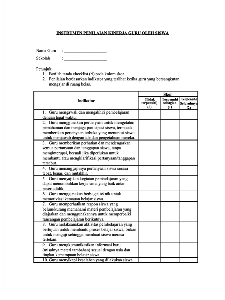 Penilaian Kinerja Guru oleh Siswa | PDF