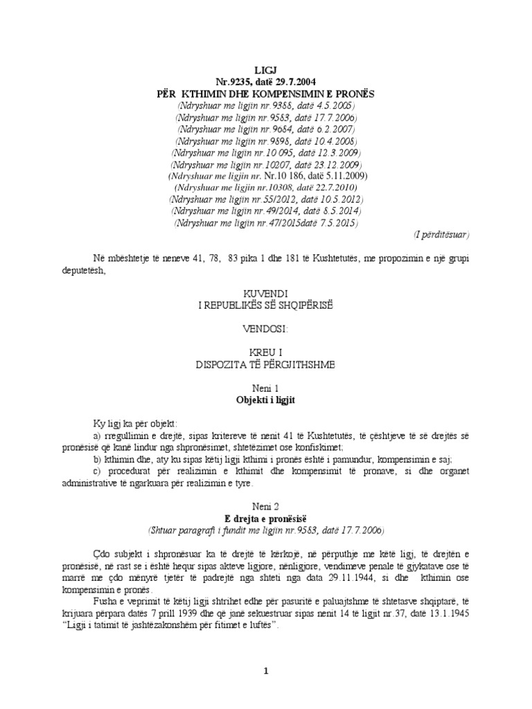 Ligj Per Kthimin Dhe Kompensimin e Prones | PDF