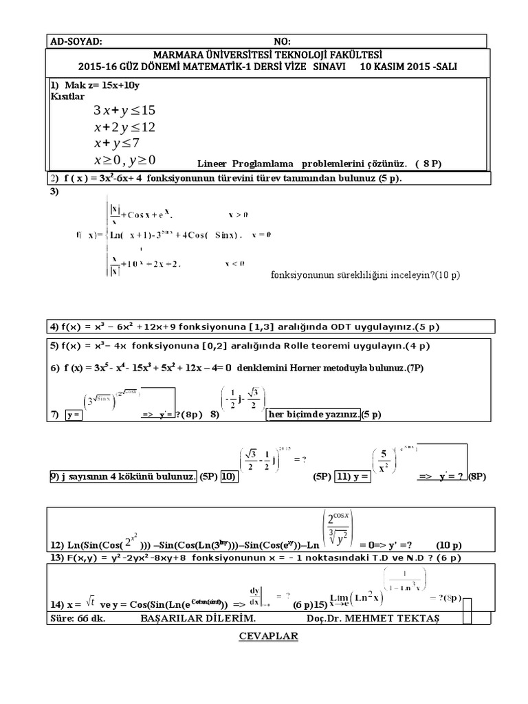 MAT1 Ftekfak GÜZvize | PDF