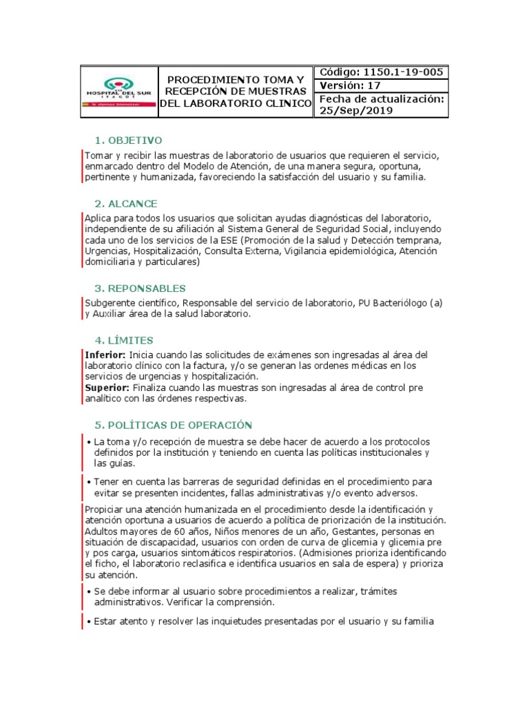 Recepción de Muestras en Laboratorio Clínico | PDF | Laboratorios ...