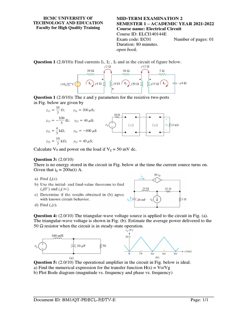 MID TERM Electical Circuit S1 2021 2022 - Second - CODE01 | PDF