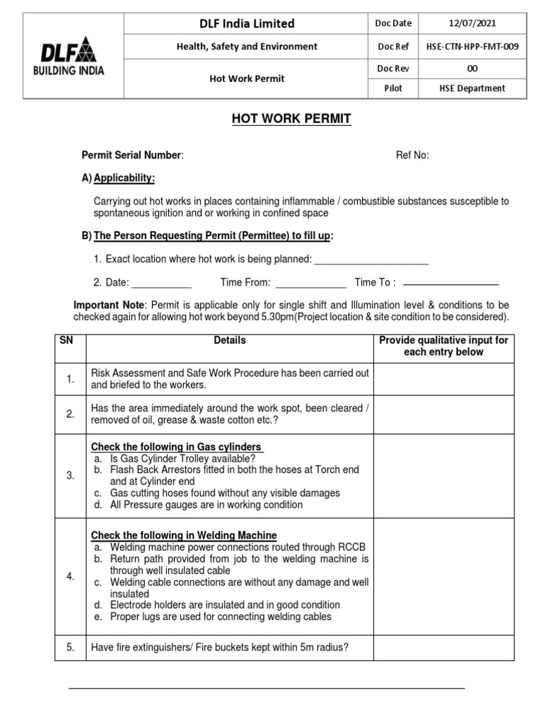 Hot Work Permit Format (HSE-CTN-HPP-FMT-009) | PDF | Welding | Construction