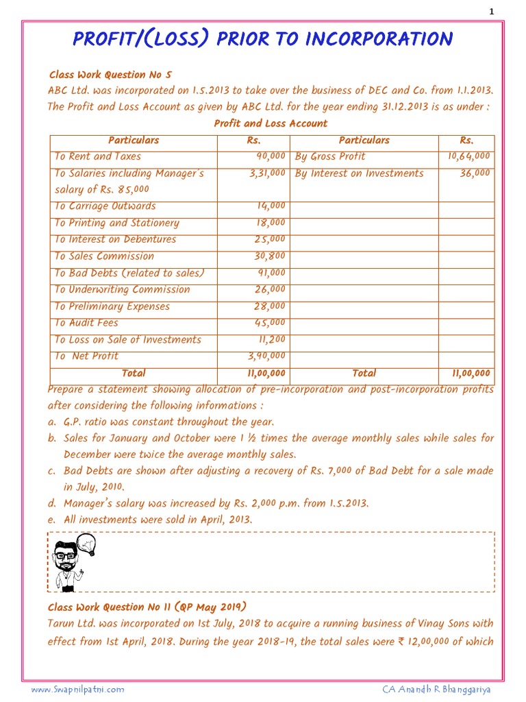 1 Profit Prior To Incorporate Extra Questions | PDF | Bad Debt | Income ...