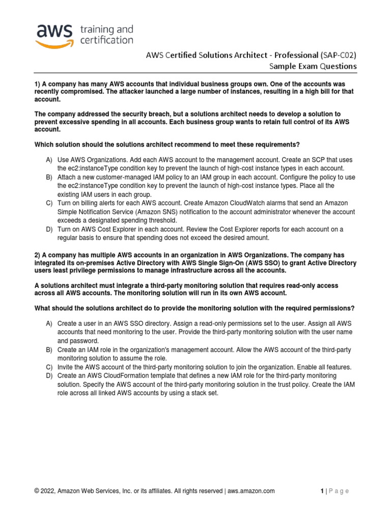 AWS Certified Solutions Architect Professional - Sample Questions | PDF ...