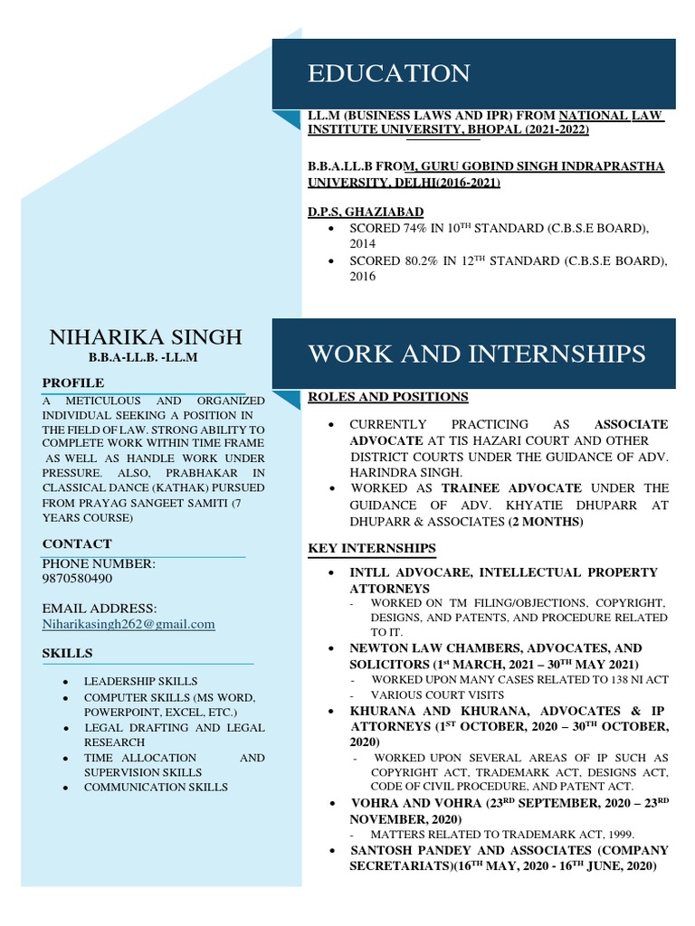 Niharika Singh Cv-2 | PDF | Intellectual Property | Advocate Niharika Singh Cv-2 | PDF | Intellectual Property | Advocate