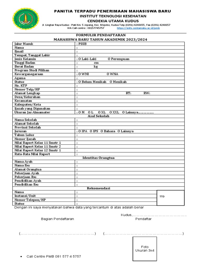 Formulir Pendaftaran Dan Registrasi PMB | PDF