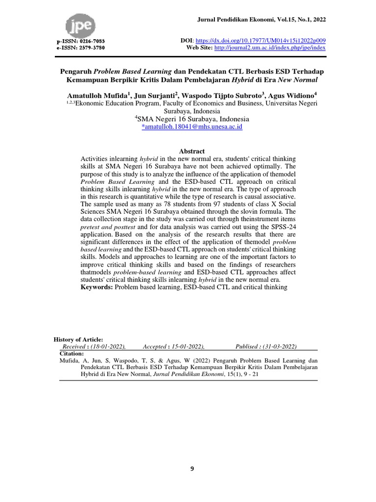 Pengaruh Problem Based Learning Dan Pendekatan CTL Berbasis ESD - Amattulloh - Waspodo - Jun ...