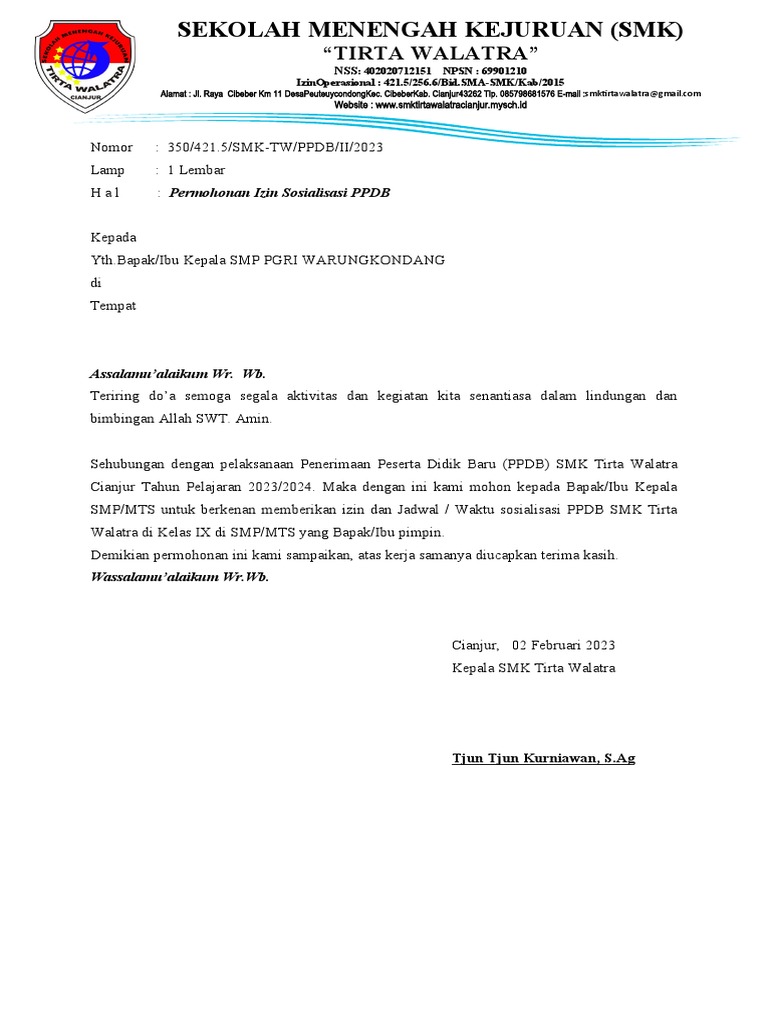 Surat Permohonan PPDB SMK TW 2324 | PDF