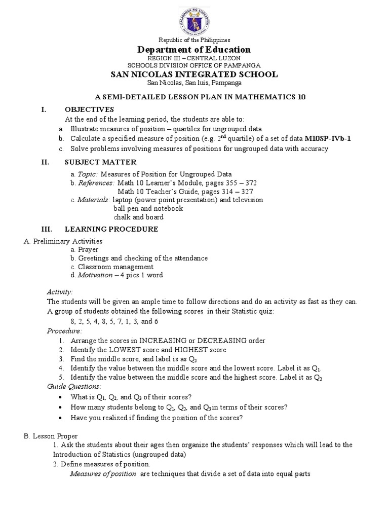 Mathematics 10 Lesson Plan: Quartiles | PDF | Quartile | Mathematics