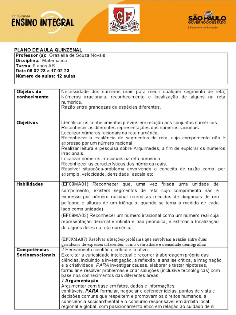 Plano de Aula Quinzenal 2022 Novo 9 AB Grazi 06.02.23 A 17.02.23 | PDF | Números | Número real