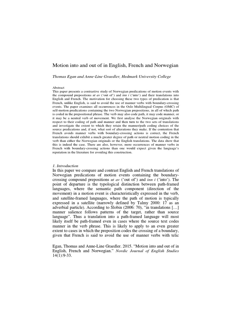 Motion Into and Out of in English, French and Norwegian: Thomas Egan ...