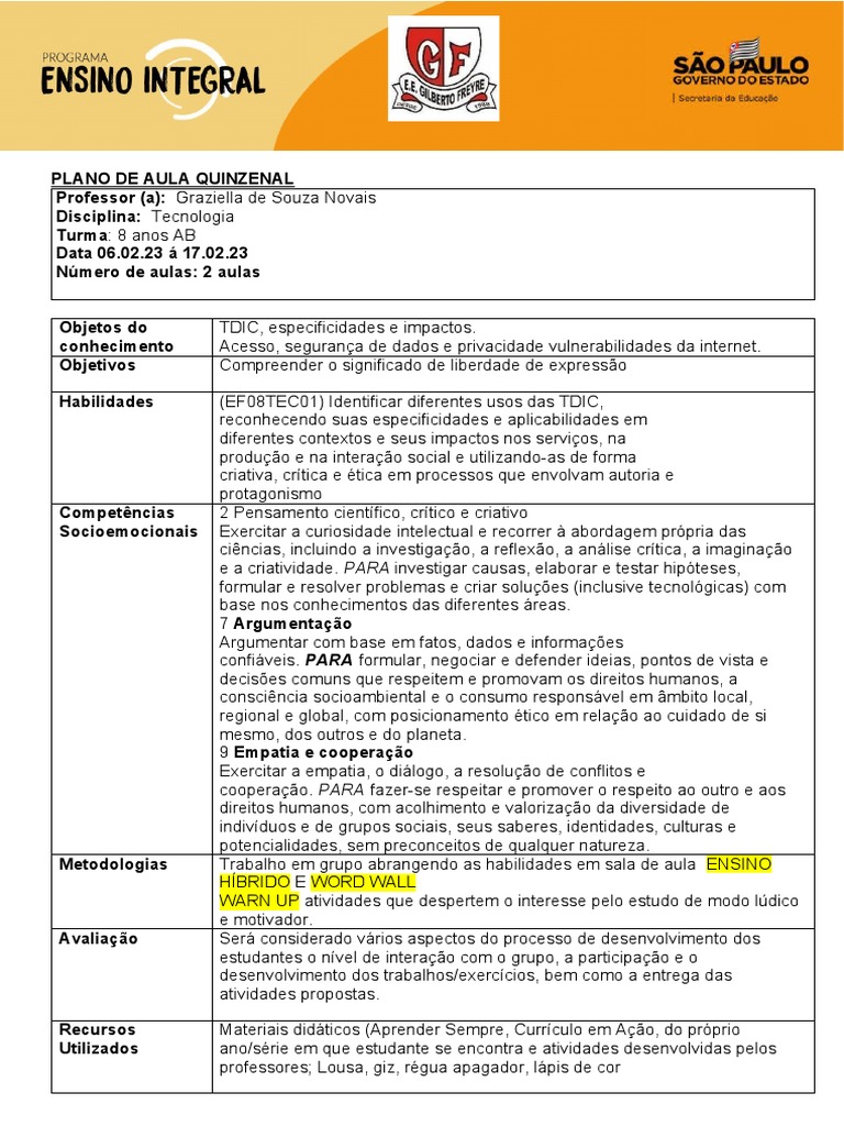 Plano de Aula Quinzenal 2022 Novo 8AB Tecnologia 060223a170223 | PDF | Science | Humano