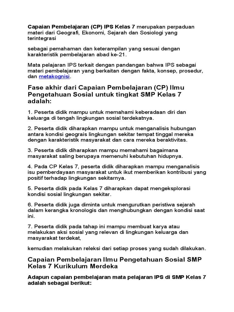 Capaian Pembelajaran IPS Kelas 7 SMP | PDF