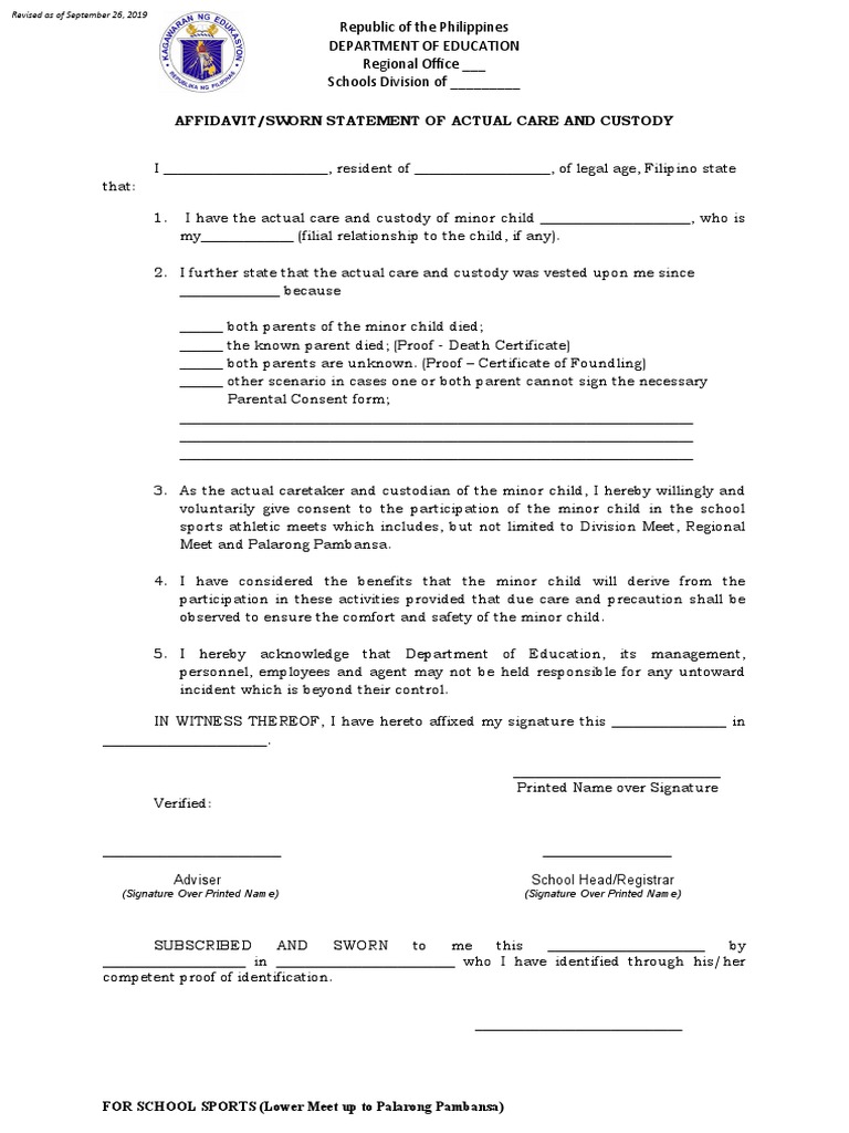 Affidavit of Child Custody for School Sports | PDF | Common Law | Government