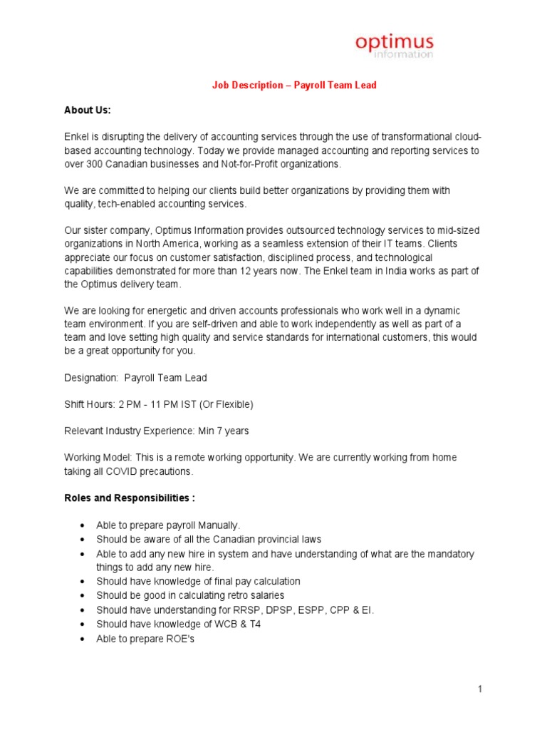 Job Description - Payroll Team Lead | PDF | Payroll | Business