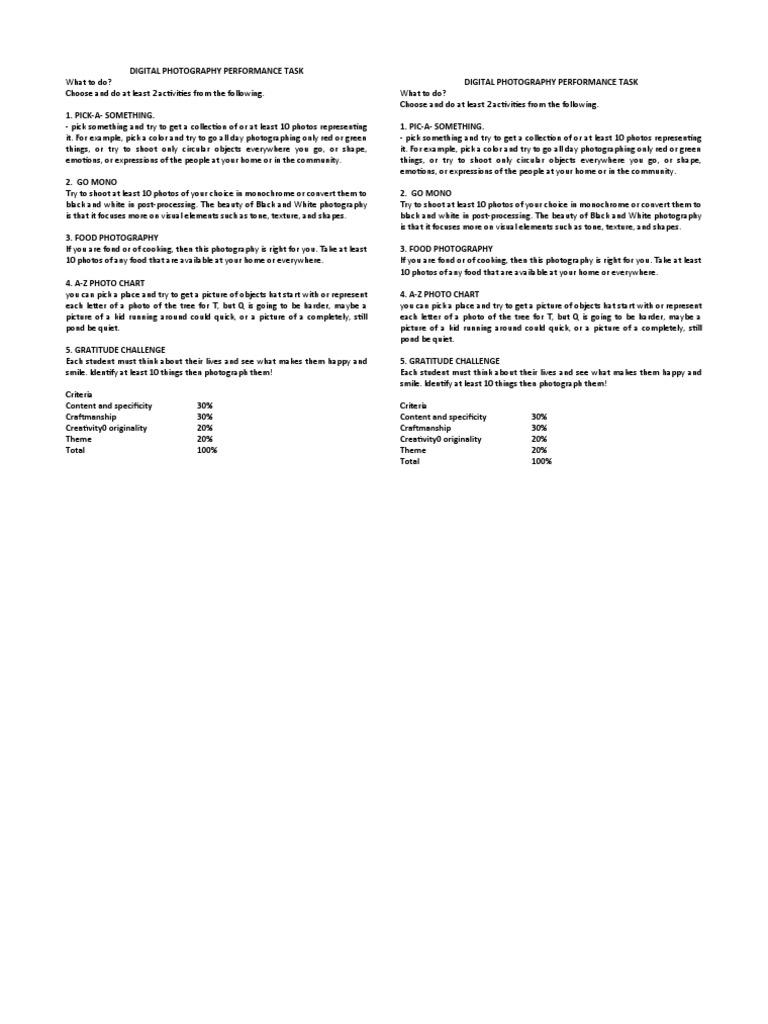Digital Photography Performance Task | PDF | Artistic Techniques | Imaging